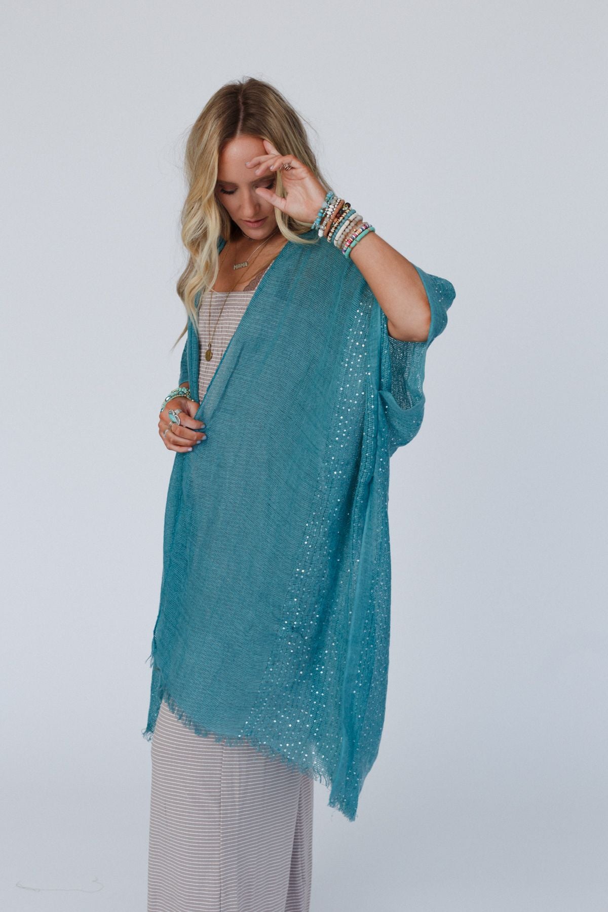Mikka Sequin Frayed Trim Kimono - Teal