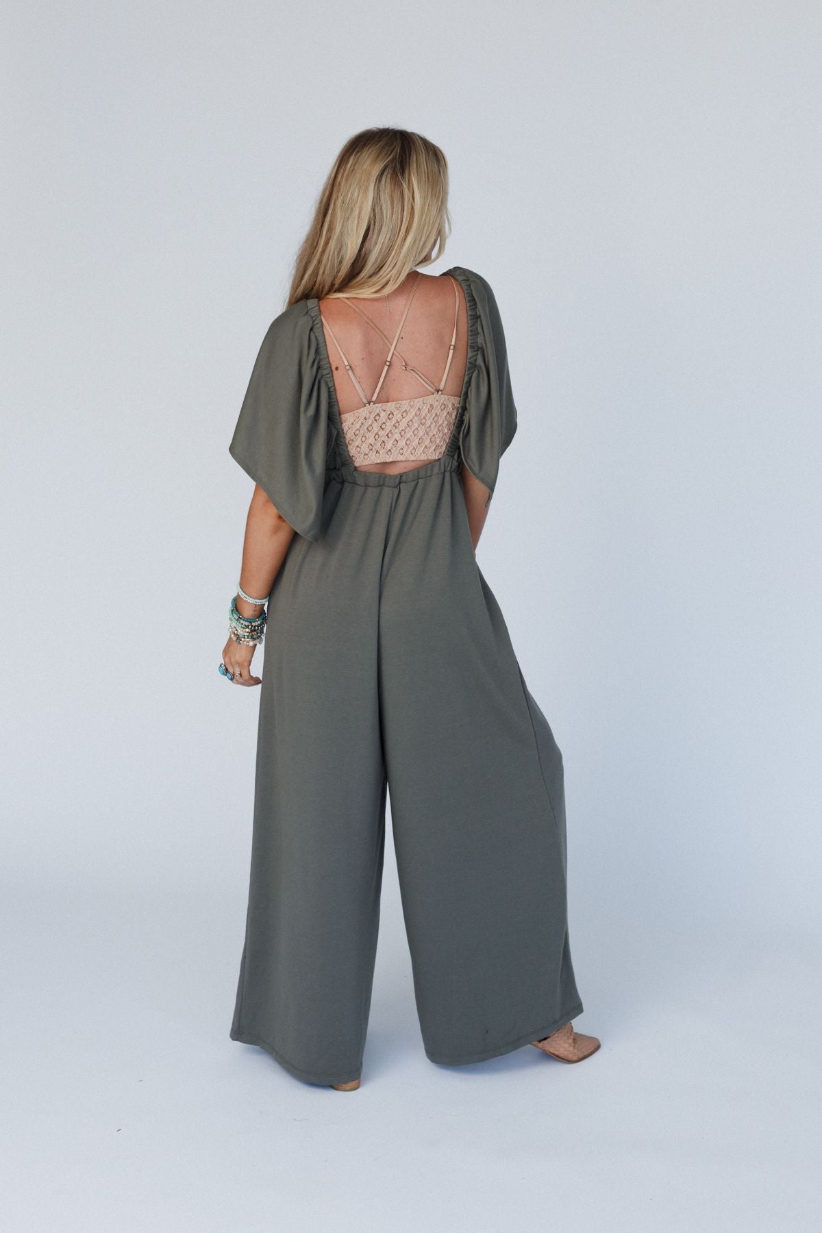 On Repeat Open Back Ruffle Jumpsuit - Light Olive – Three Bird Nest