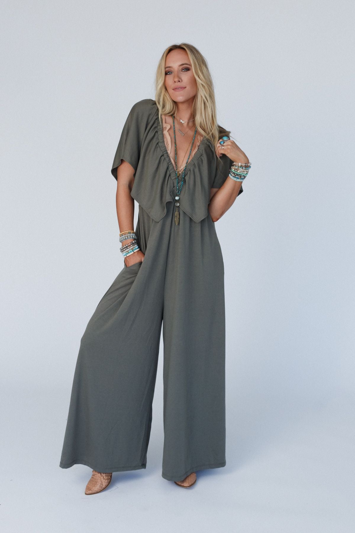 On Repeat Open Back Ruffle Jumpsuit - Light Olive – Three Bird Nest