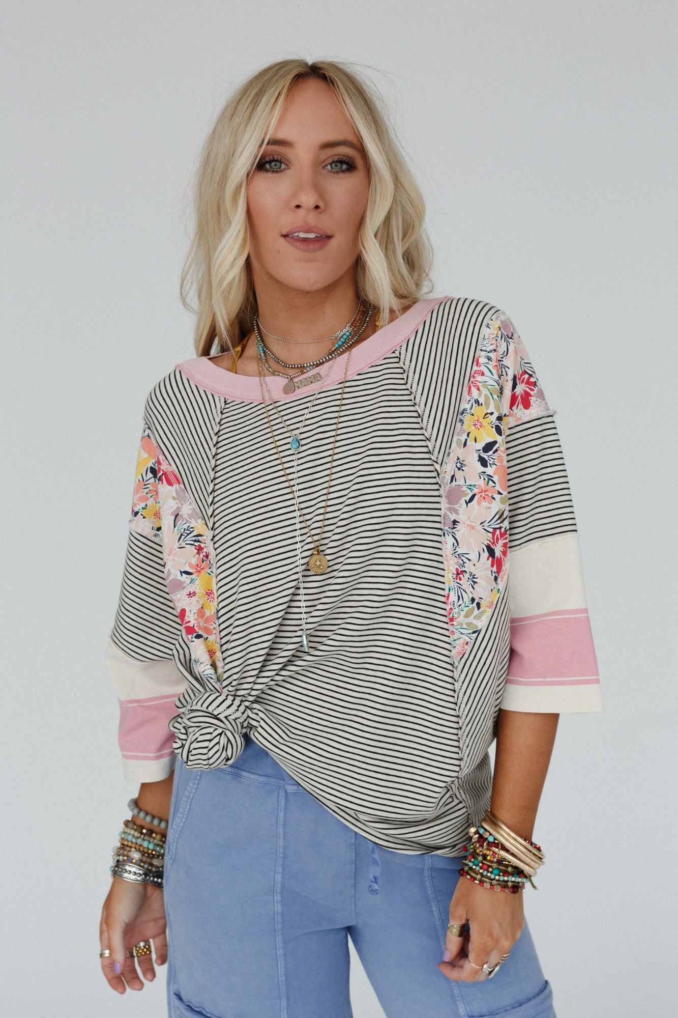 Britt Patchwork Floral Print Top - Oat – Three Bird Nest