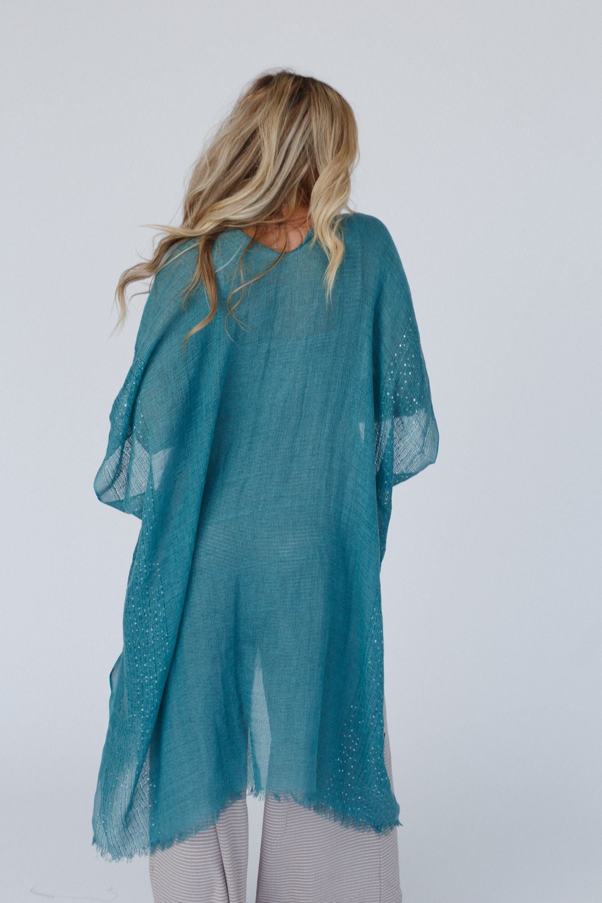 Mikka Sequin Frayed Trim Kimono - Teal