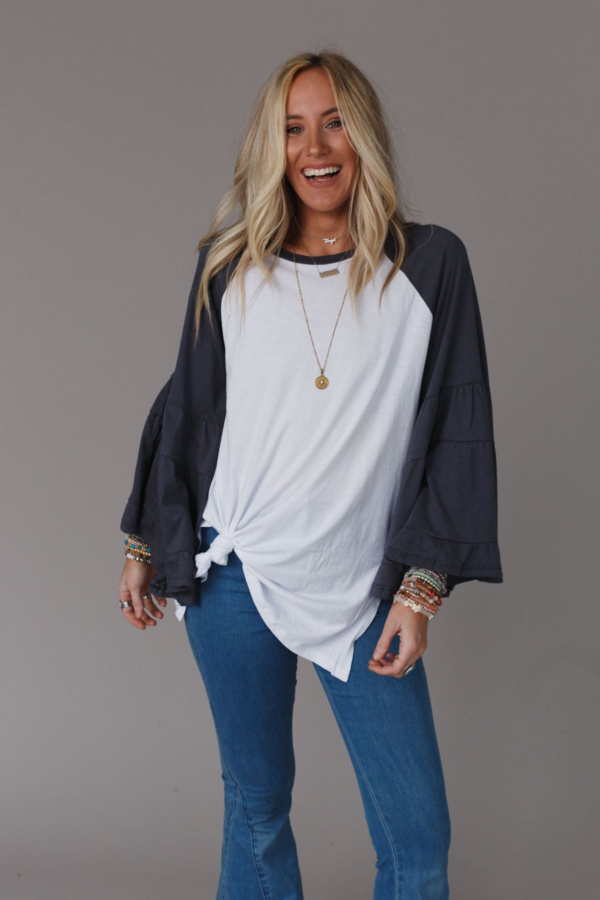 Bell Sleeve Baseball Tee - Charcoal – Three Bird Nest