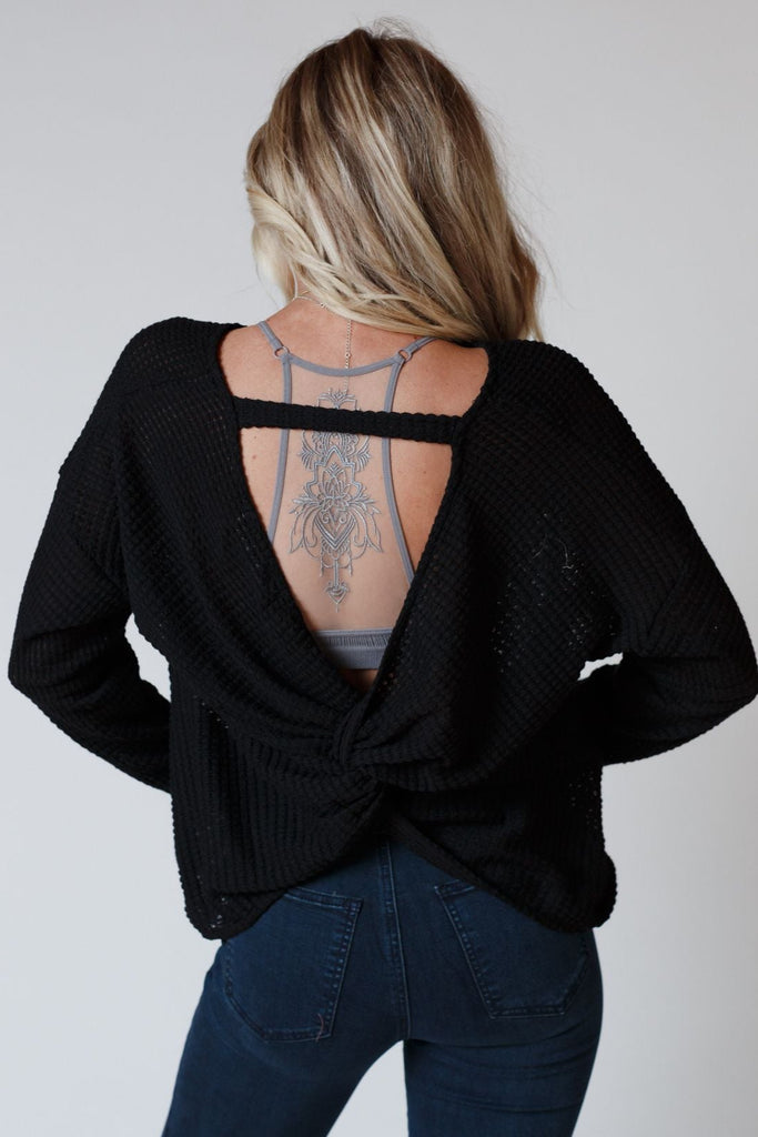 Flattering Open Back Thermal Knit Top - Black