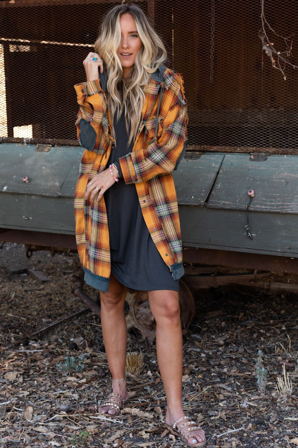 Flannel Layers Hooded Jacket - Orange Multi | Three Bird Nest