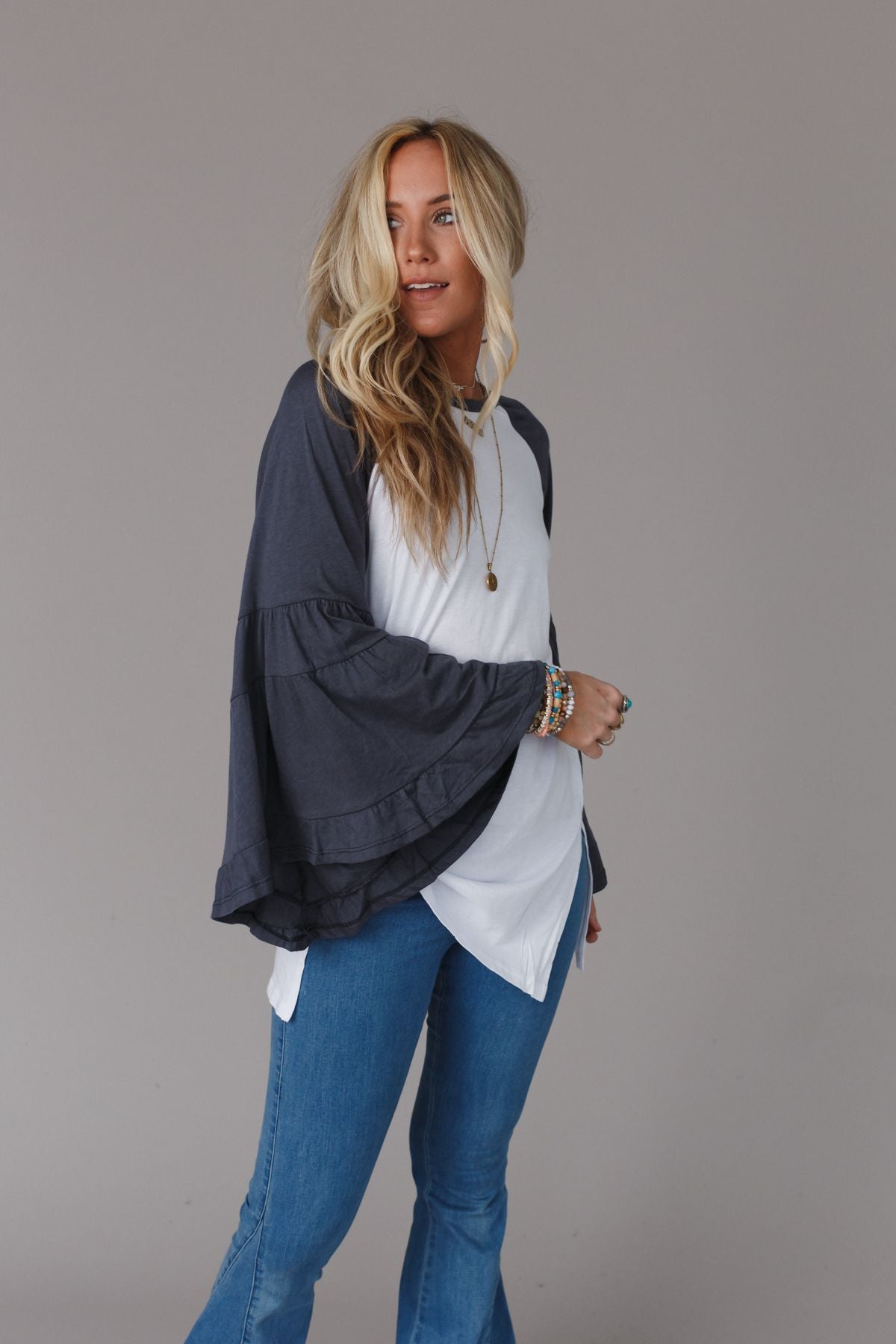 Bell Sleeve Baseball Tee - Charcoal – Three Bird Nest