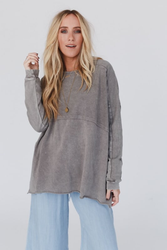 Time Off Terry Knit Pullover Top - Gray | Three Bird Nest